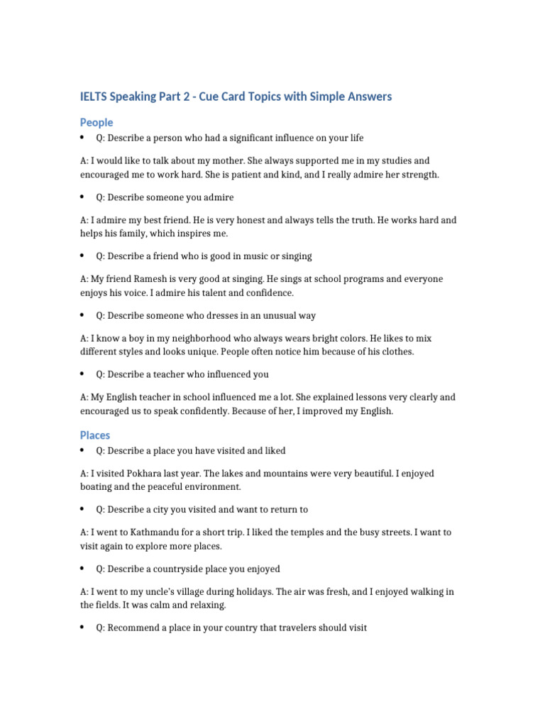IELTS Speaking Part 2 Cue Card Answers | PDF