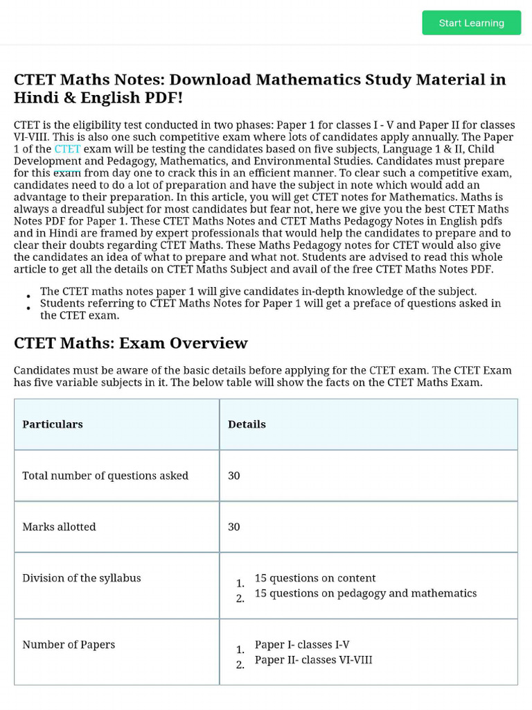 CTET Maths Notes - Download Mathematics Study Material in Hindi ...
