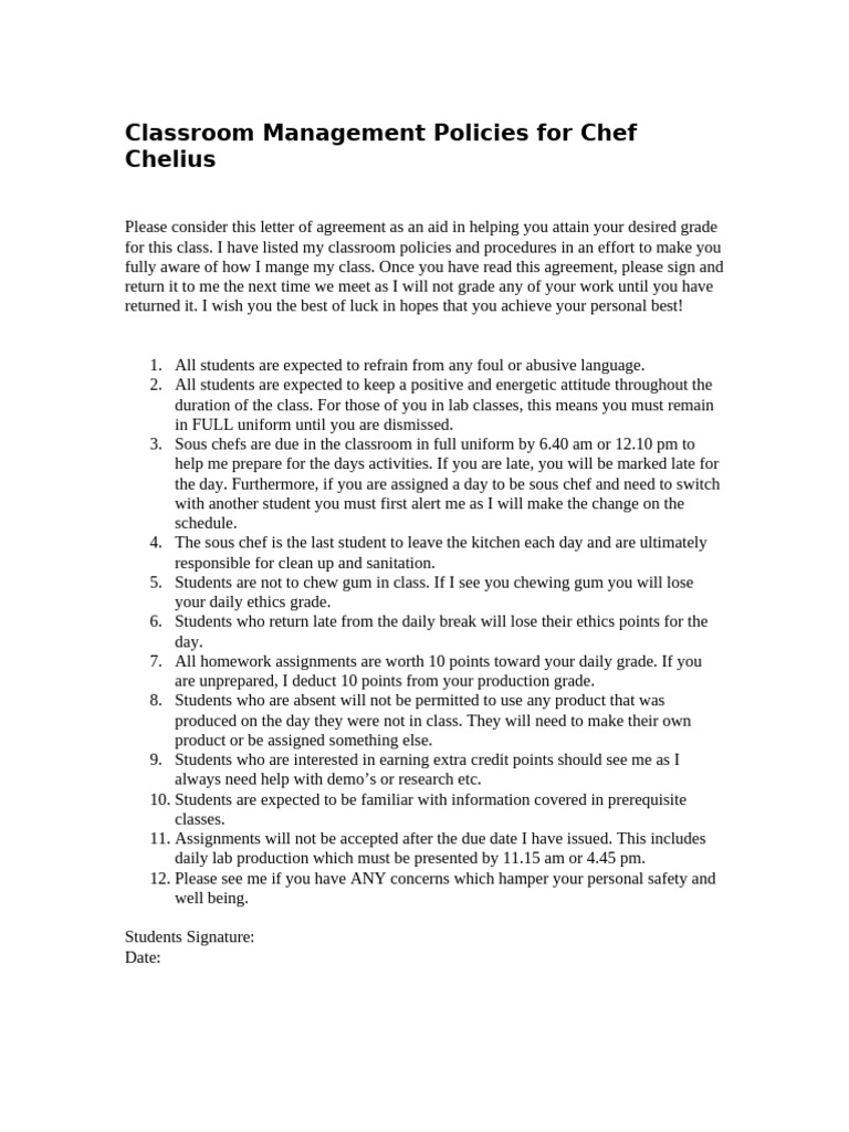 Chef Chelius Classroom Management Policies | PDF