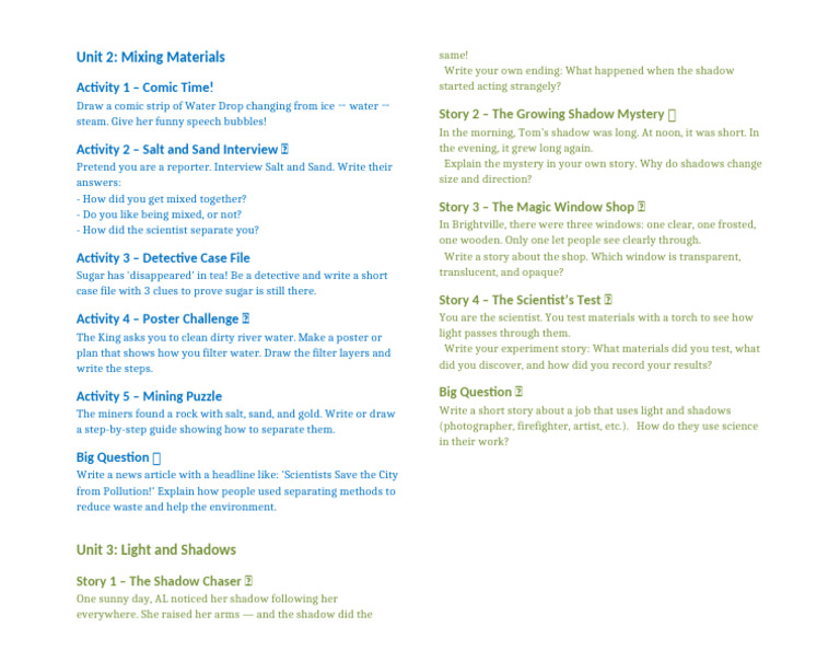 Science - Story - Activity - Pack Unit 2 and 3 | PDF