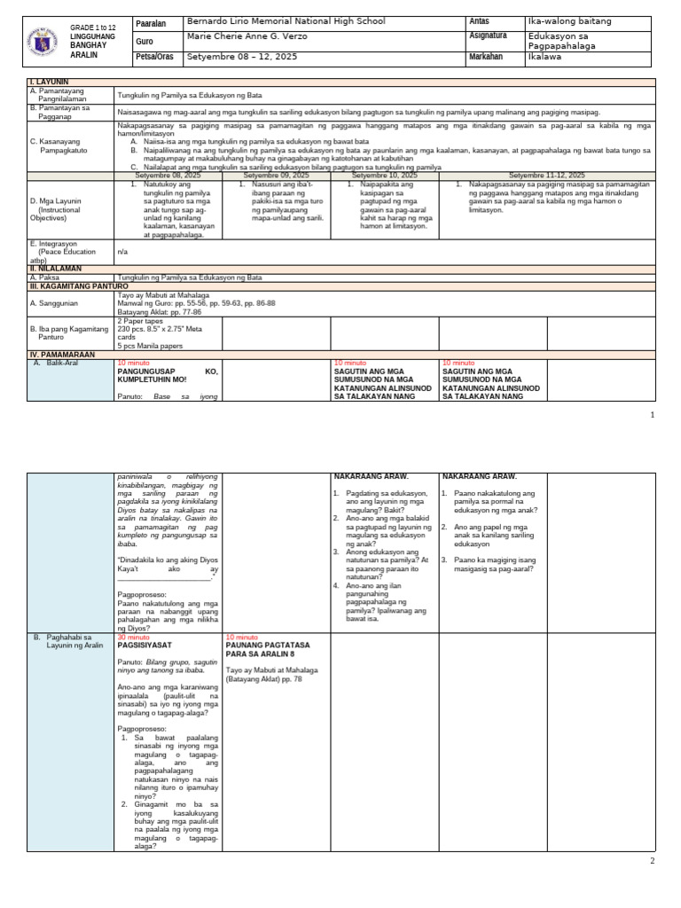 Week 1 Quarter 2 Values Education 8 | PDF