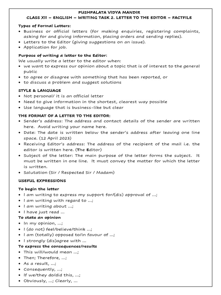 Class Xii - TW 2. Letter To The Editor - Fact File 2025-'26 - Done ...
