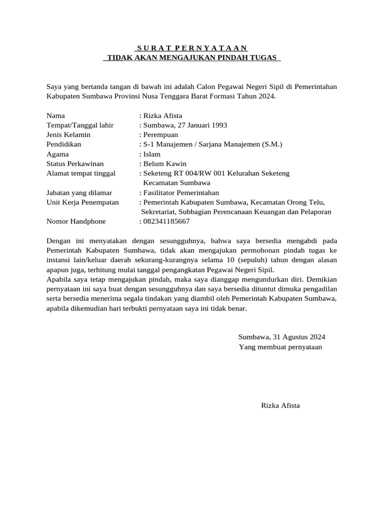 Surat Pernyataan Tidak Mengajukan Pindah Tugas | PDF