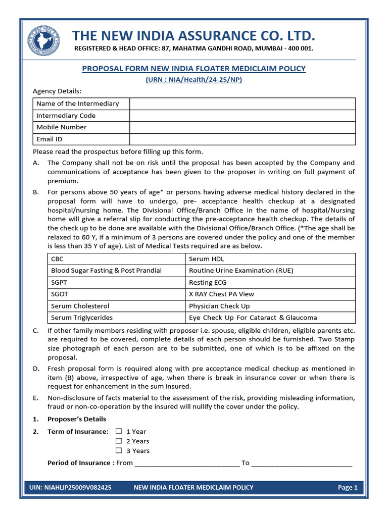 New India Floater Mediclaim Policy Proposal Form WEF 01 OCT 2024 | PDF ...