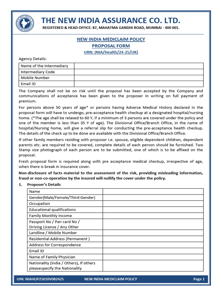 New India Mediclaim Policy Proposal Form WEF 01 OCT 2024 | PDF | Insurance | Cheque