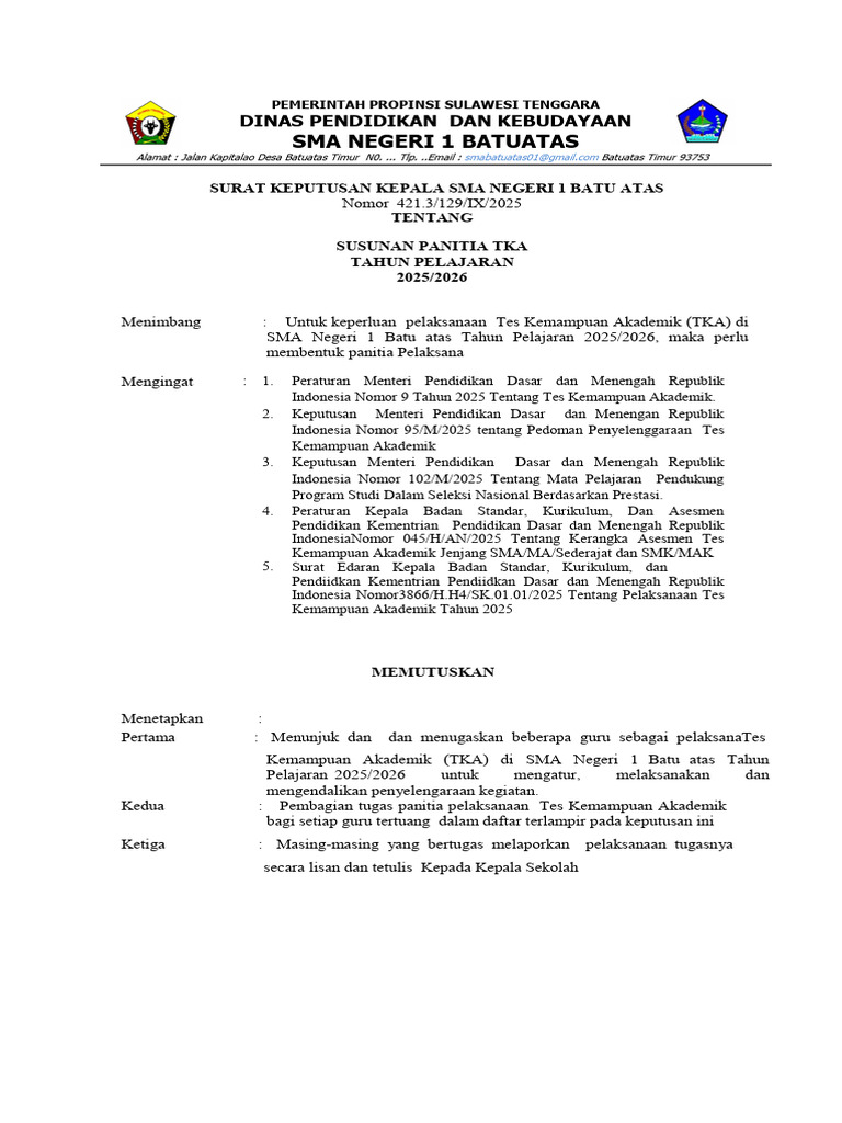 Panitia TKA SMA 2025/2026 di Batuatas | PDF