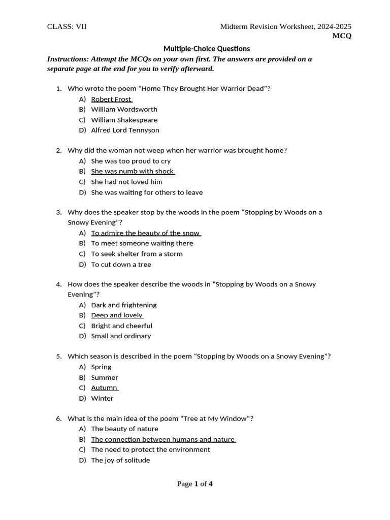 Midterm 2024-2025 - Class 7 Eng Lit MCQ Worksheet | PDF