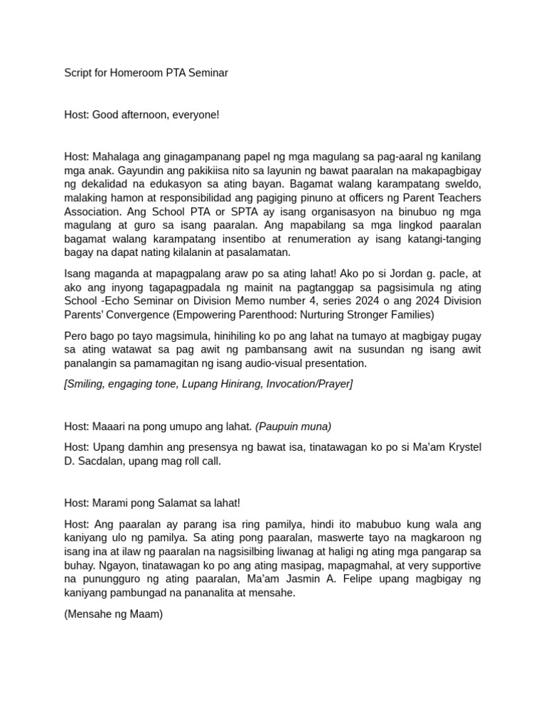 Script For PTA Seminar | PDF