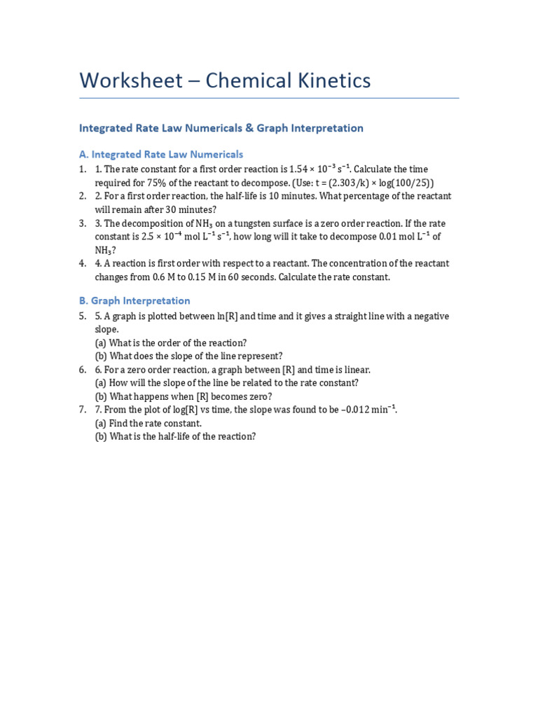 Worksheet Chemical Kinetics | PDF