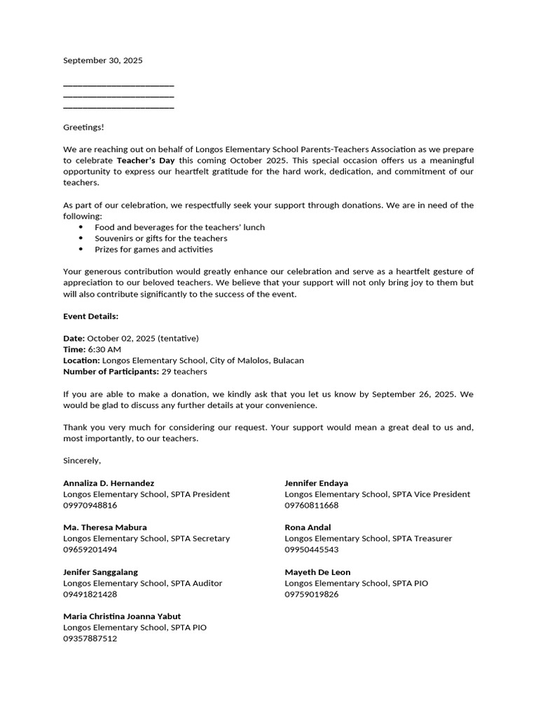Teacher's Day Celebration Donation Request | PDF