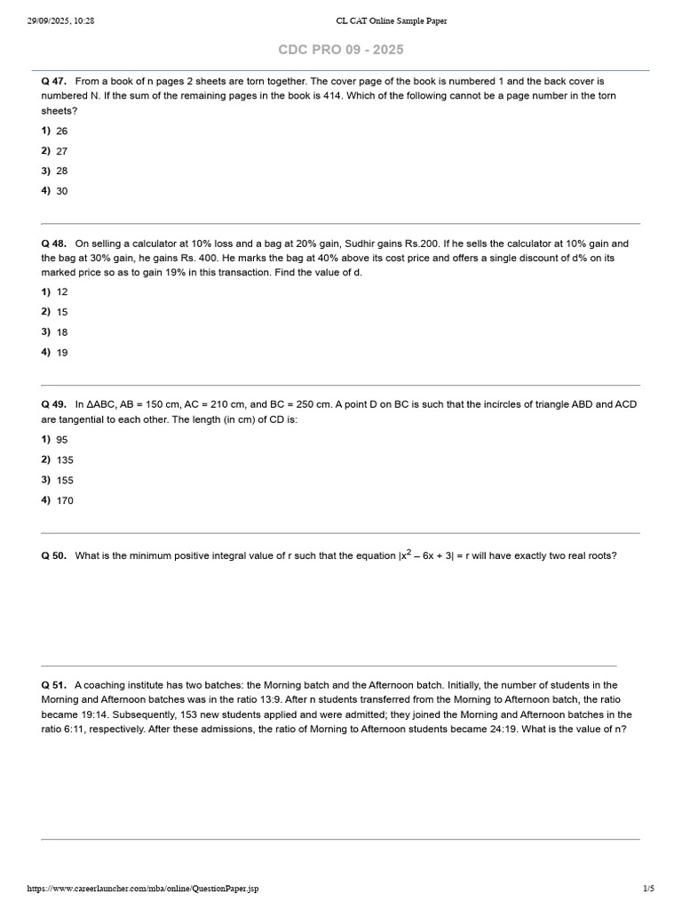 CAT Online Sample Paper Questions | PDF | Circle | Litre