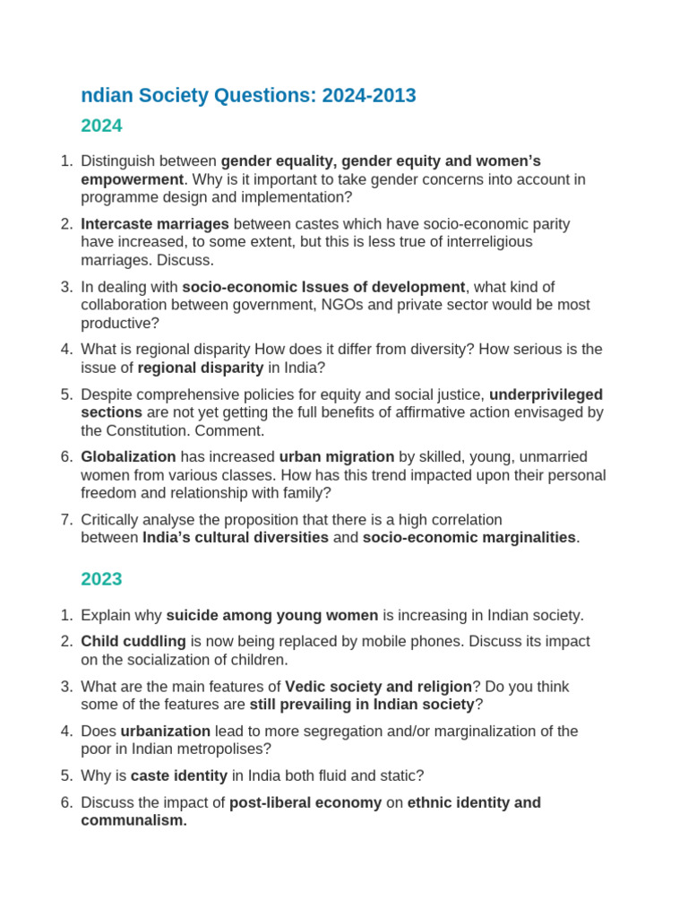 Indian Society Questions | PDF | Globalization | Caste