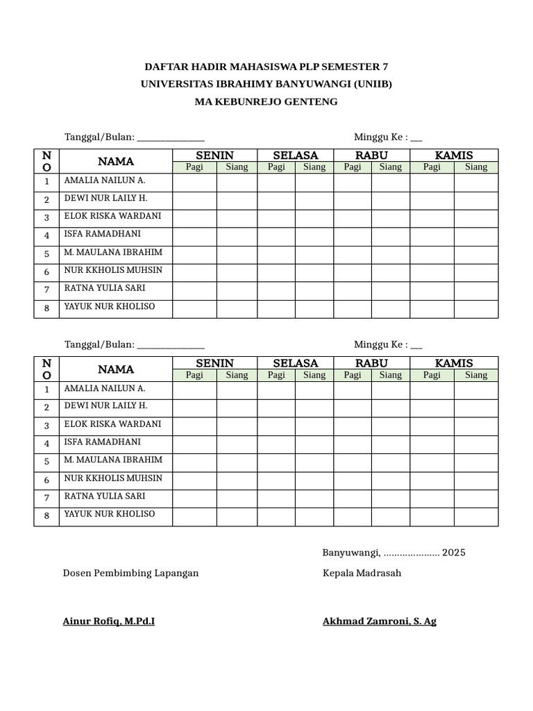 Daftar Hadir Mahasiswa PLP UNIIB | PDF