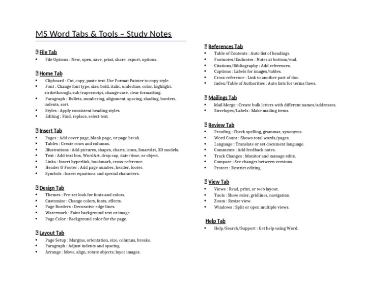 MS Word Tabs Overview and Functions | PDF | Microsoft Word | Page Layout