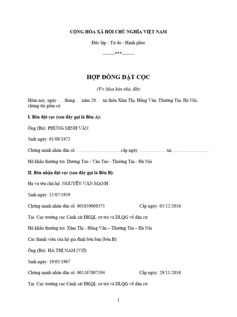 Mau Hop Dong Dat Coc Mua Ban Nha Dat | PDF