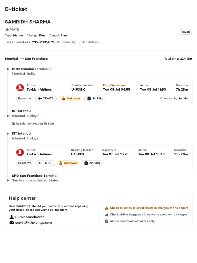 Turkish Airlines E-Ticket Details | PDF