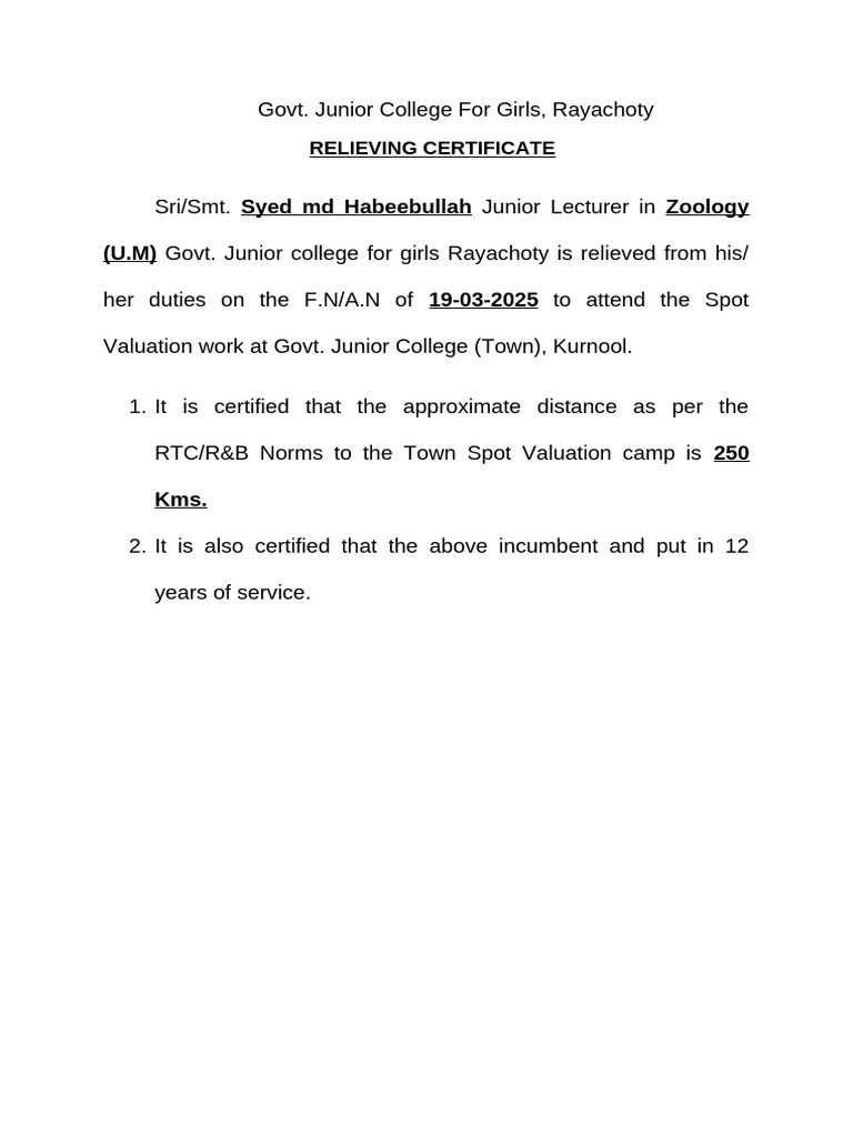 Relieving Certificate for Lecturer | PDF