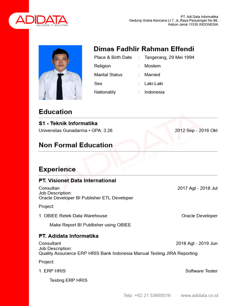 Dimas Fadhlir Rahman Effendi - CV - Adidata | PDF | Systems Engineering ...