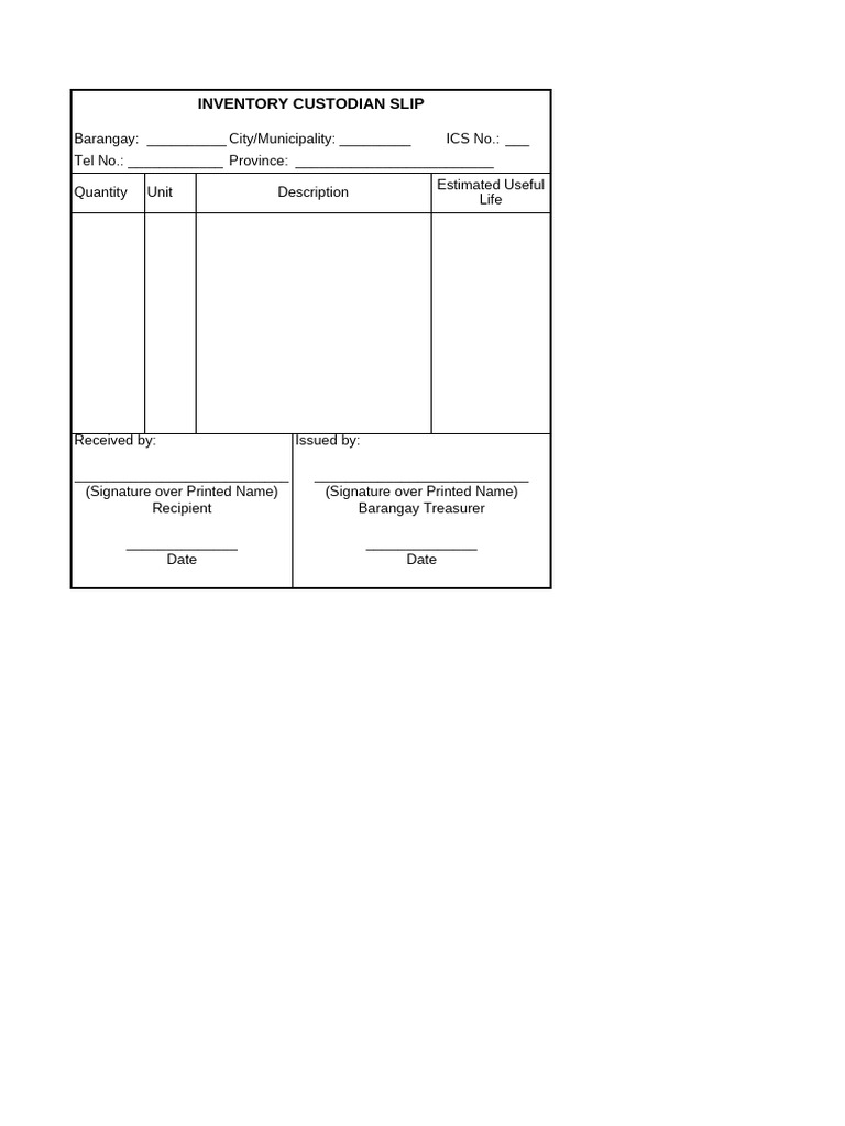 Inventory Custodian Slip Template | PDF