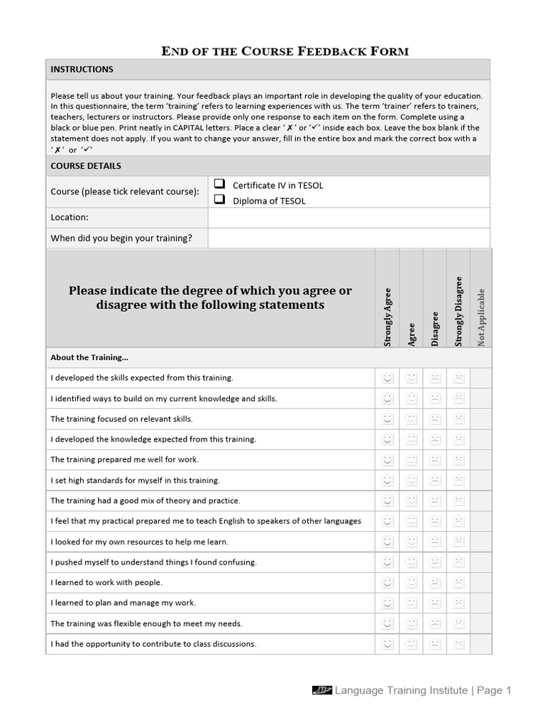 End of The Course Feedback Form | PDF | English As A Second Or Foreign ...