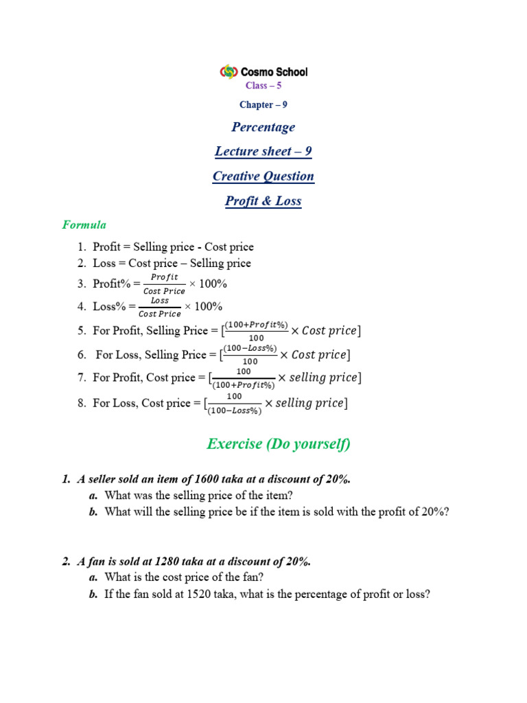 Class - 5, Sub - Math, Chapter-9, Percentage, CQ (Profit & Loss ...