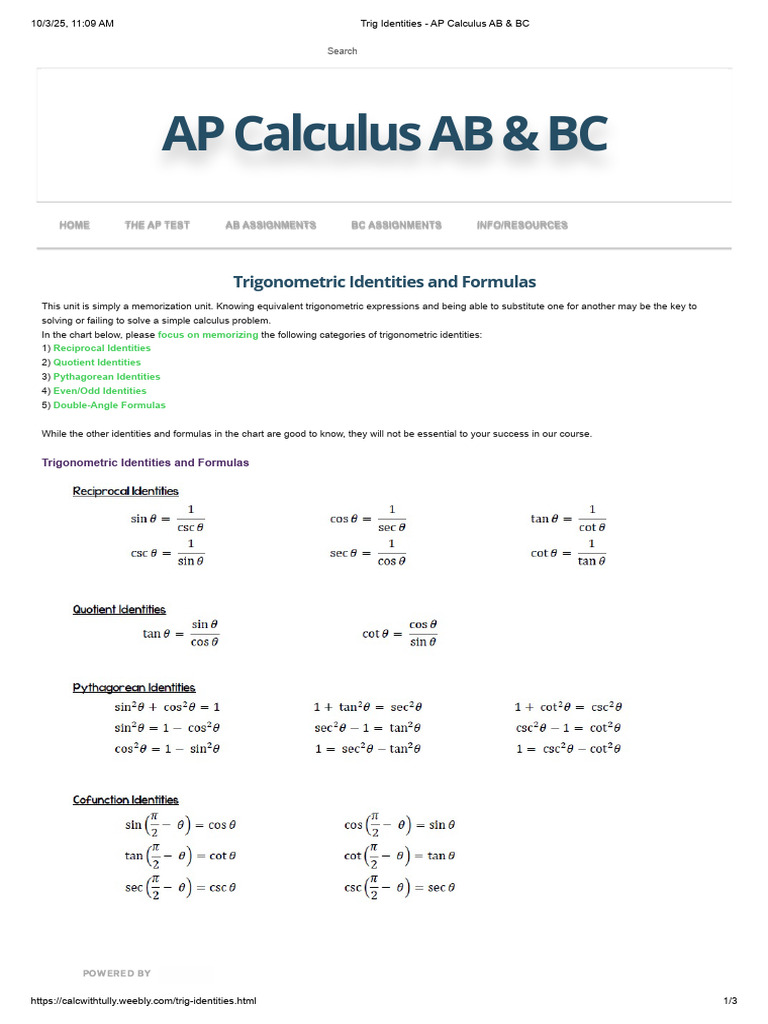 Trig Identities - AP Calculus AB & BC | PDF | Trigonometry | Calculus