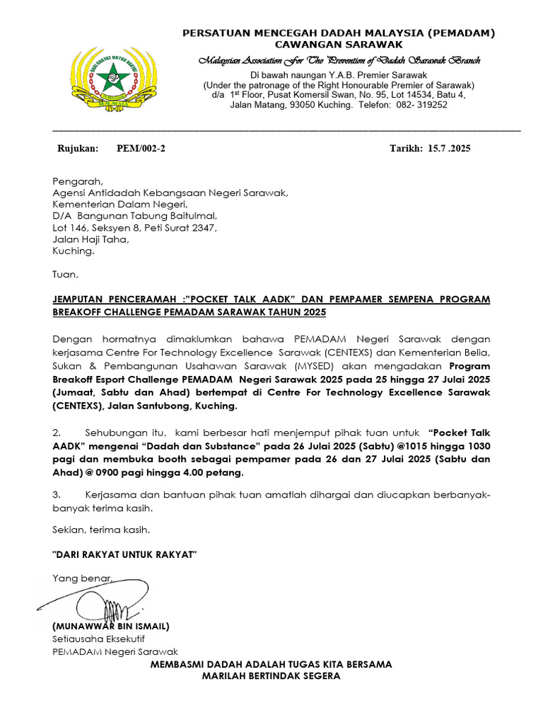 Surat Jemputan Aadk Pket Talk Dan Pempamer | PDF
