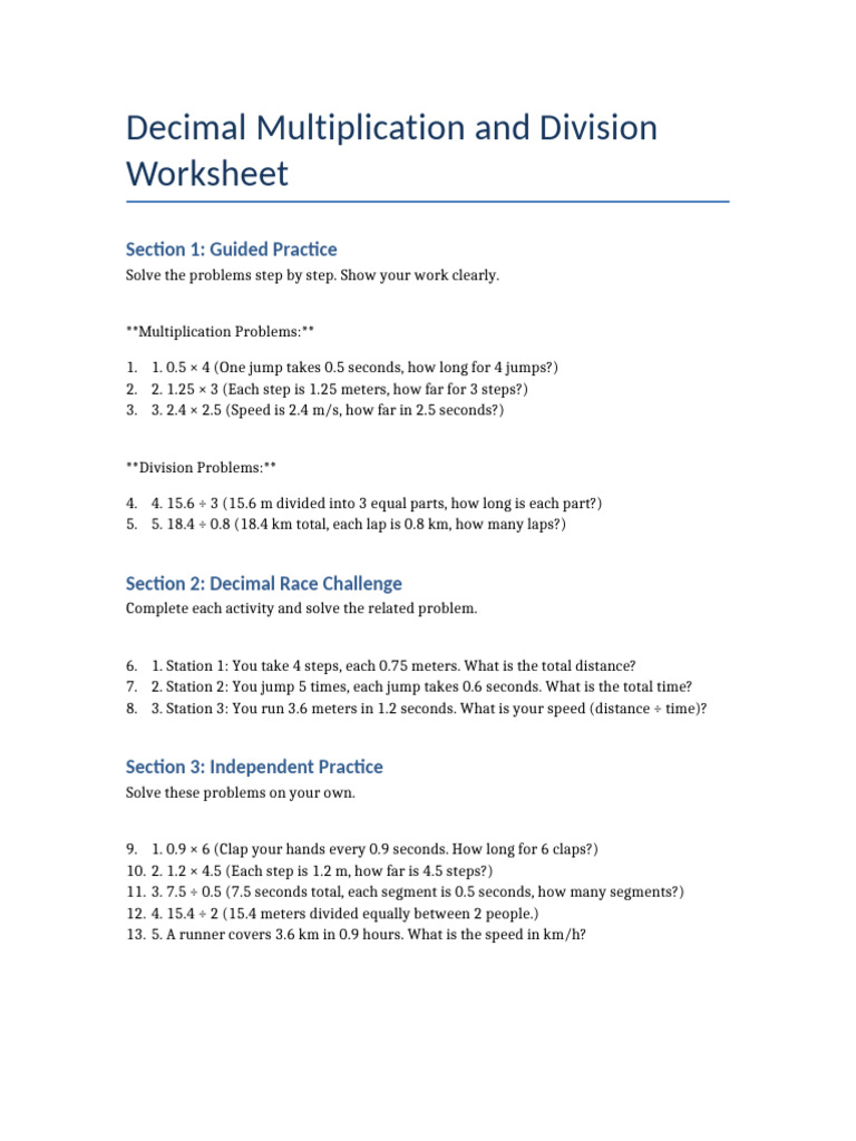 Decimal Multiplication & Division Worksheet | PDF