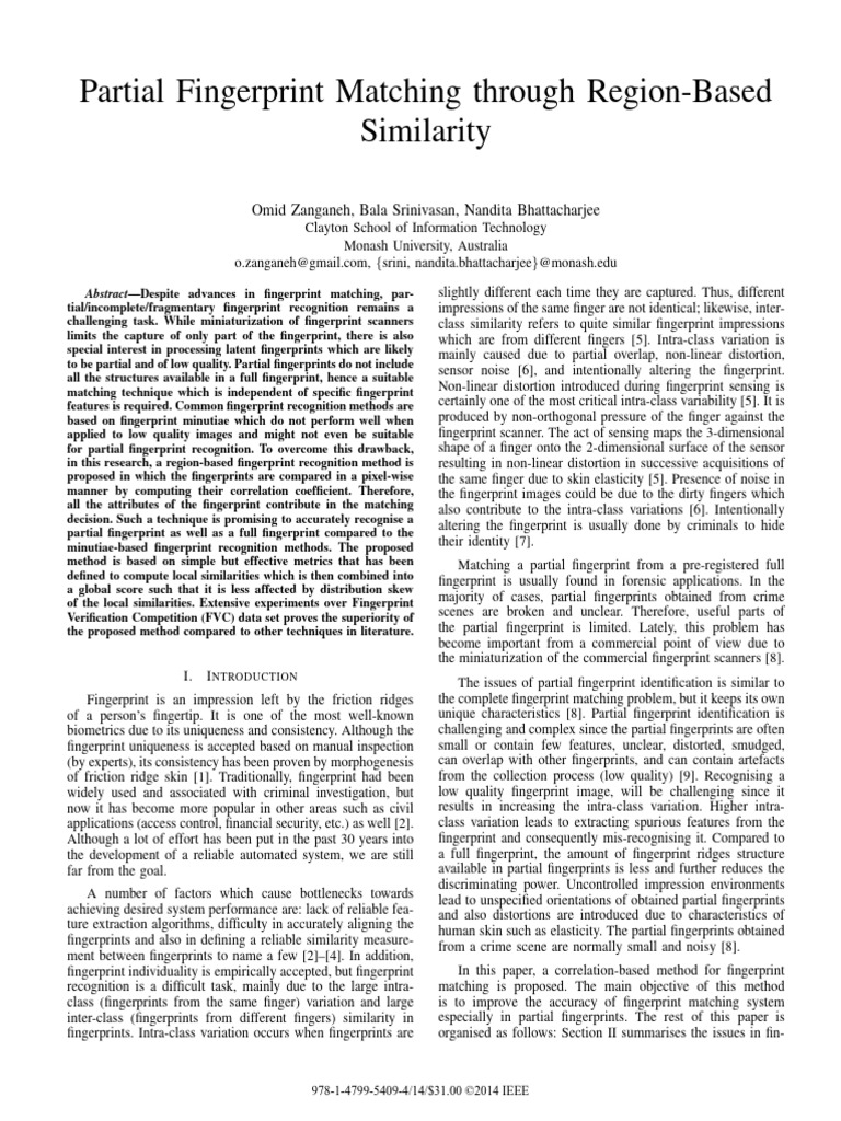 Partial Fingerprint Matching Through Region-Based Similarity | PDF ...