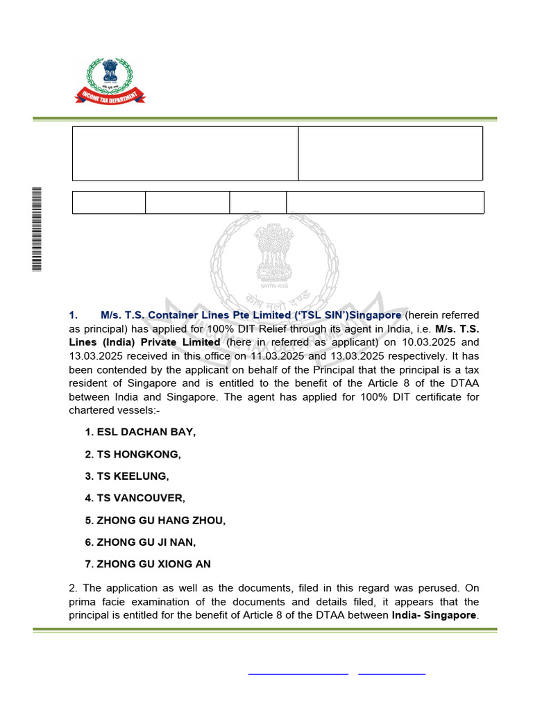 TS Container Lines - FY 2025-26 - DIT Certificate - Dt.29.03.2025 | PDF