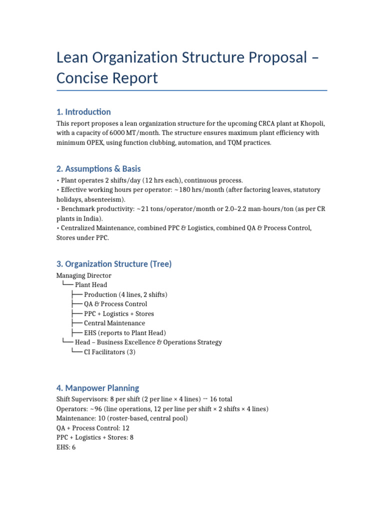 Lean Organization Structure for CRCA Plant | PDF