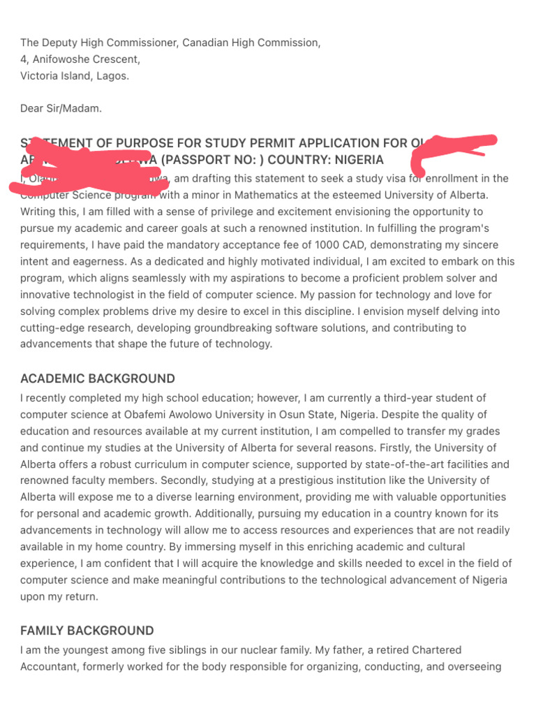 Statement of Purpose For Study Permit-1 | PDF | Computer Science ...