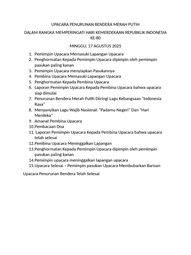 Teks Protokol Upacara Penurunan Bendera 17an | PDF