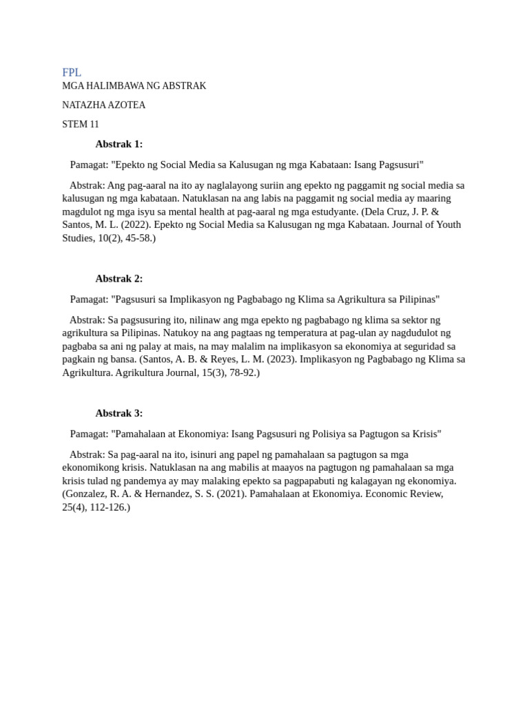 Abstrak 1:: Mga Halimbawa NG Abstrak Natazha Azotea Stem 11 | PDF