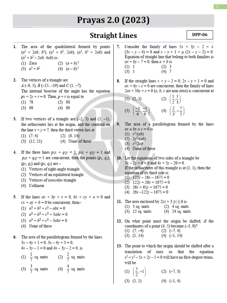 Straight Lines - DPP 06 (Extra DPP) - (2.0 2023 VP Star) | PDF ...