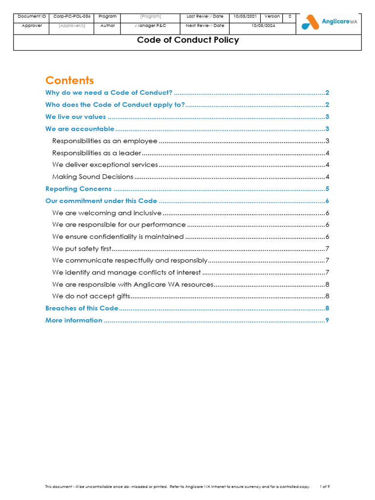 Anglicare WA Code of Conduct Policy | PDF | Occupational Safety And ...