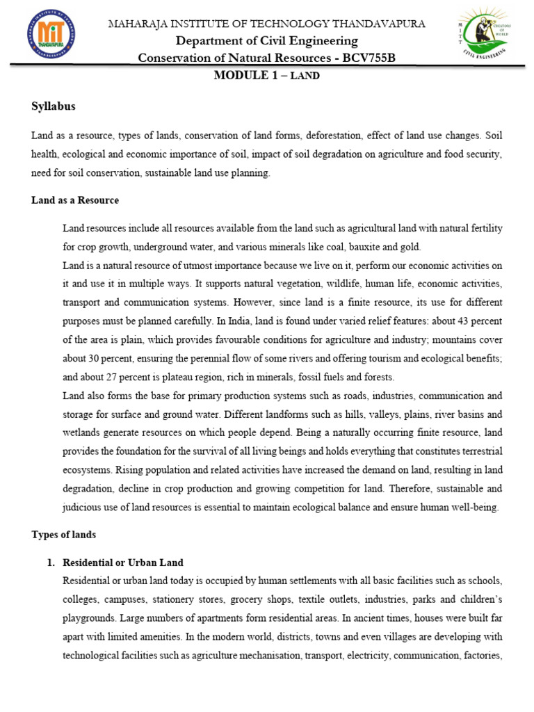 Module - 1 Conservation of Natural Resources (BCV755B) | PDF | Soil ...