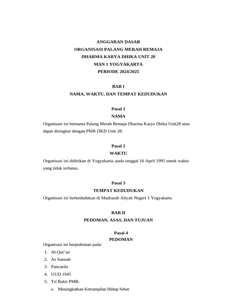 AD/ART PMR DKD Unit 28 Yogyakarta 2025 | PDF