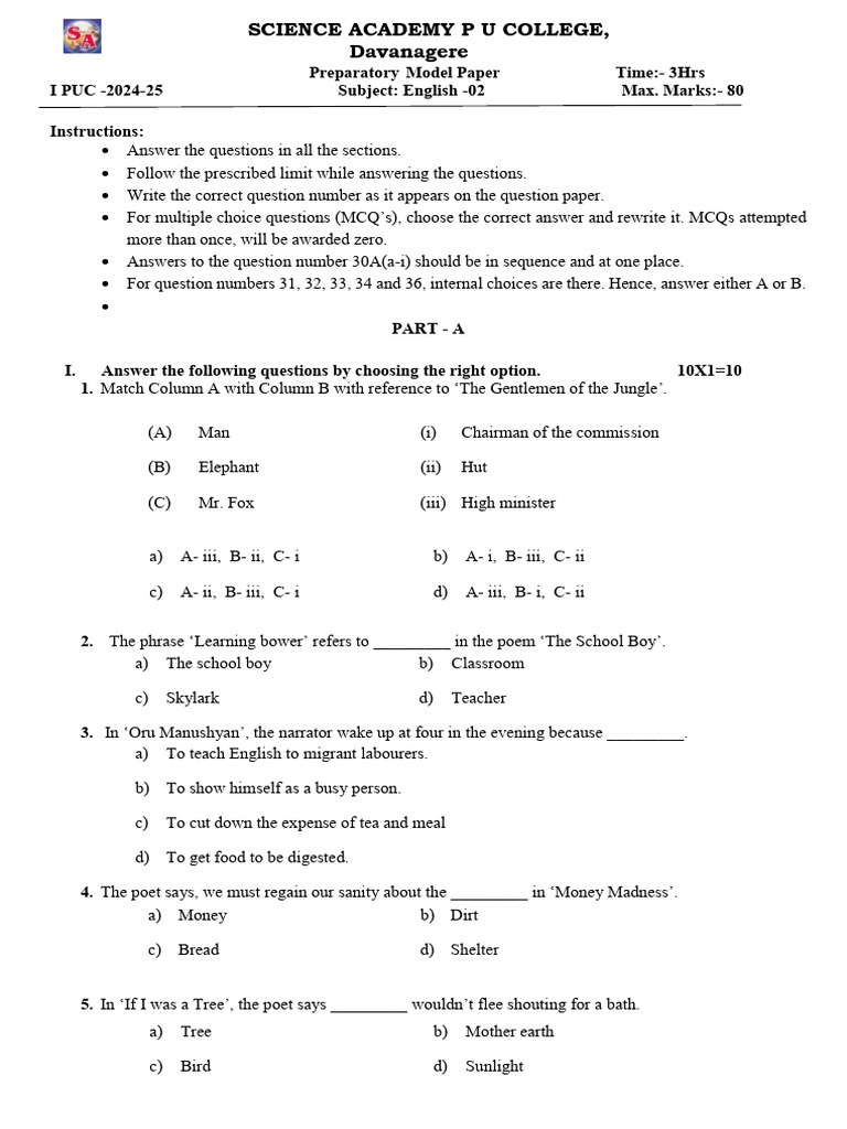 I Puc Preparatory Model Paper Jan 2025 | PDF