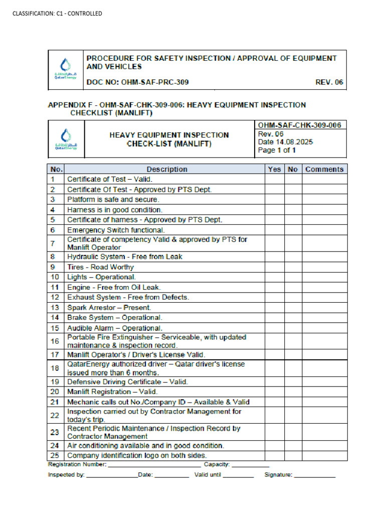 Heavy Equipment Inspection Checklist - Manlift | PDF