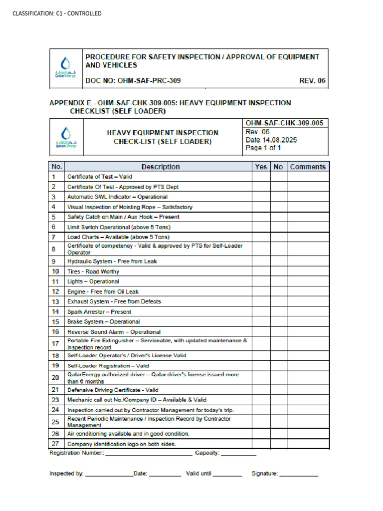 Heavy Equipment Inspection Checklist - Self Loader | PDF