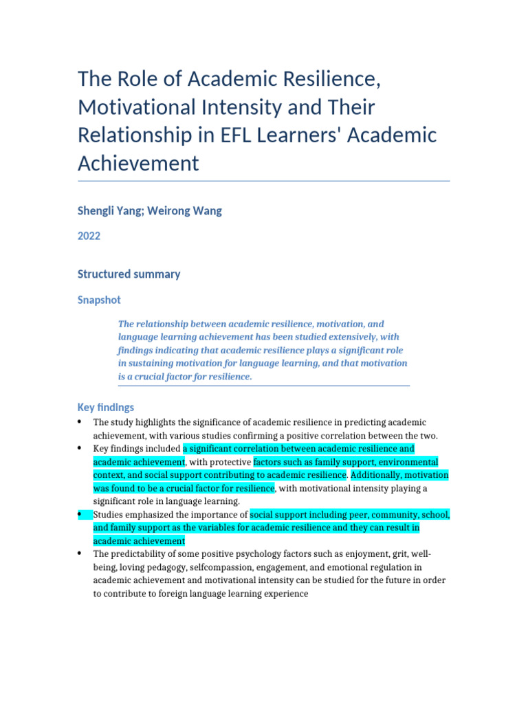 Structured Summary - The Role of Academic Resilience Motivational ...