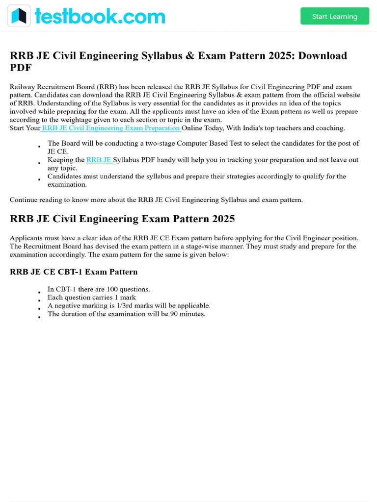 RRB JE Civil Engineering Syllabus & Exam Pattern 2025 - Download PDF | PDF