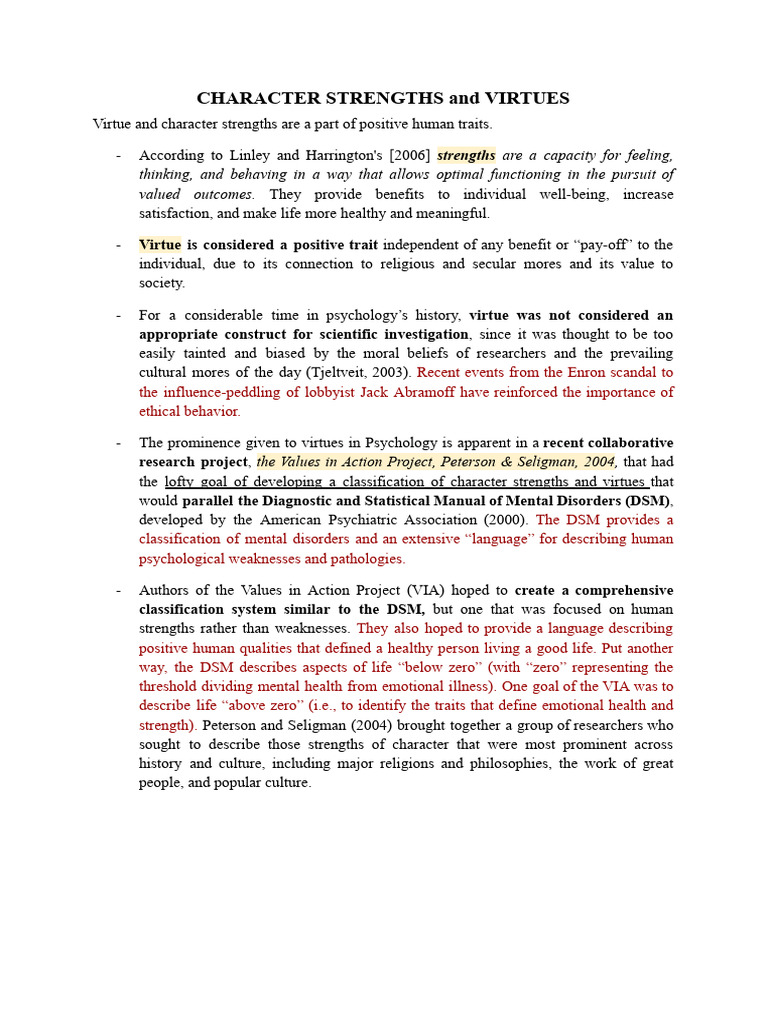 Character Strengths | PDF | Virtue | Diagnostic And Statistical Manual ...