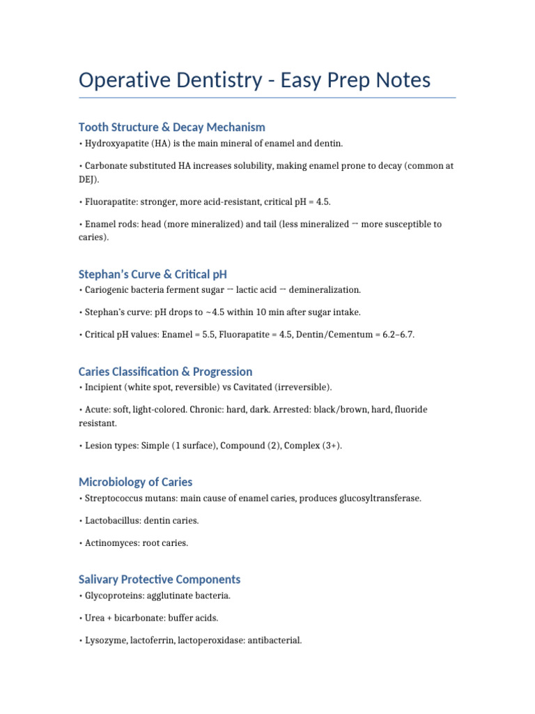 Operative Dentistry Prep Notes Summary | PDF | Tooth Enamel | Dentistry ...