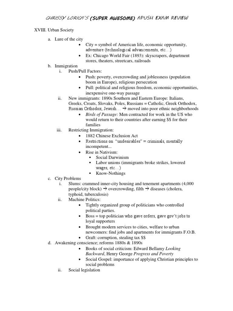 APUSH: Urban Society Notes | PDF | Immigration | Politics (General)