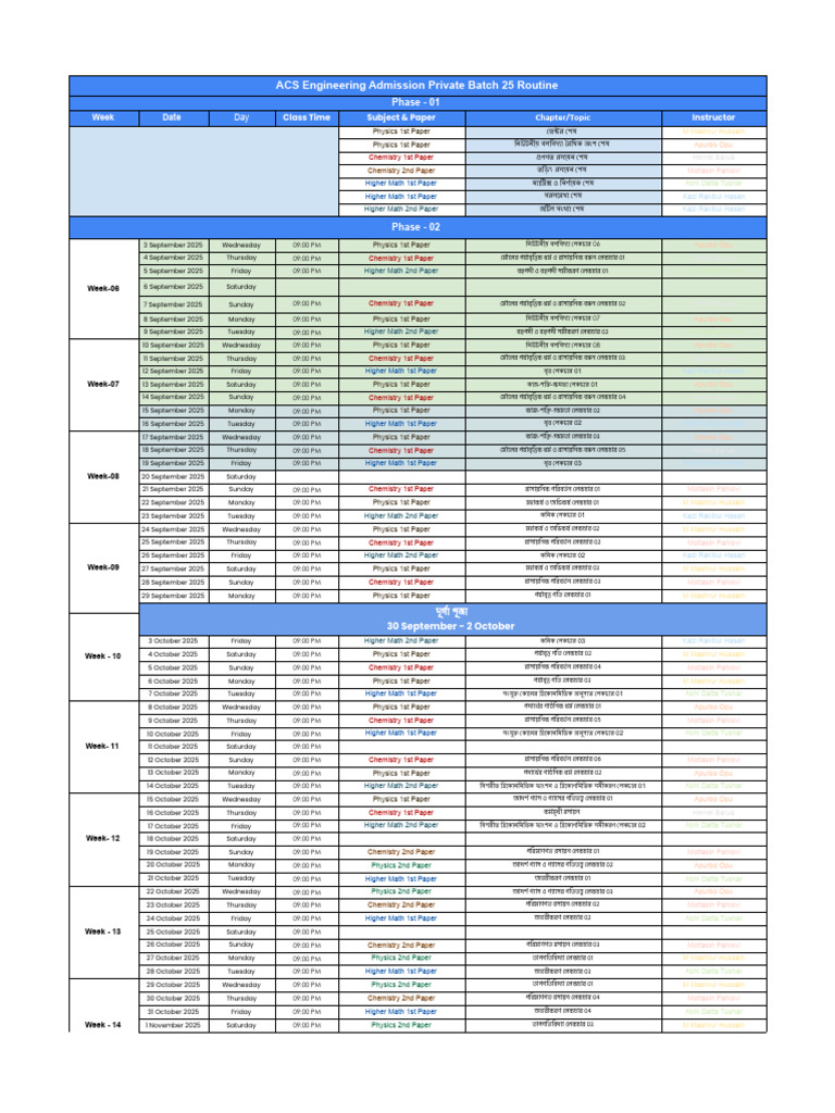 ACS Engineering Admission Private Batch 25 Routine | PDF