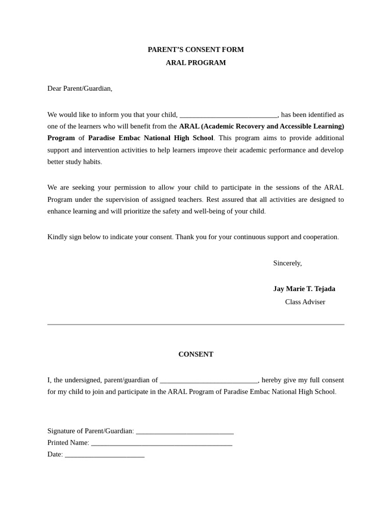 ARAL Program Parent Consent Form | PDF