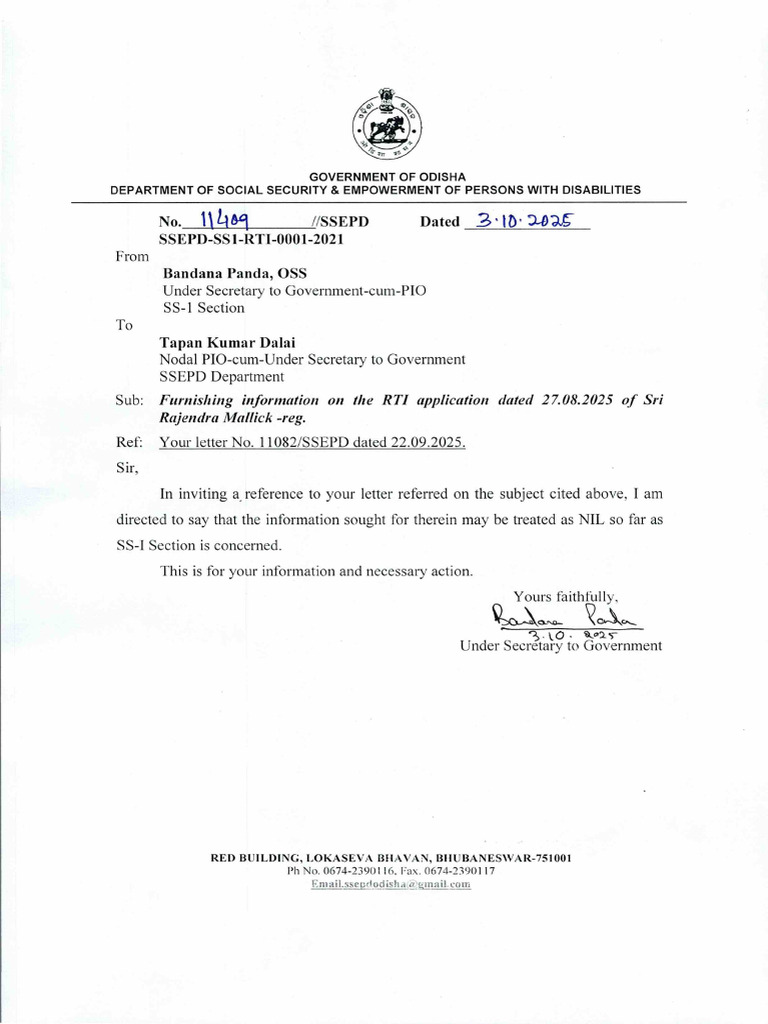 RTI Response from Odisha SSEPD Department | PDF