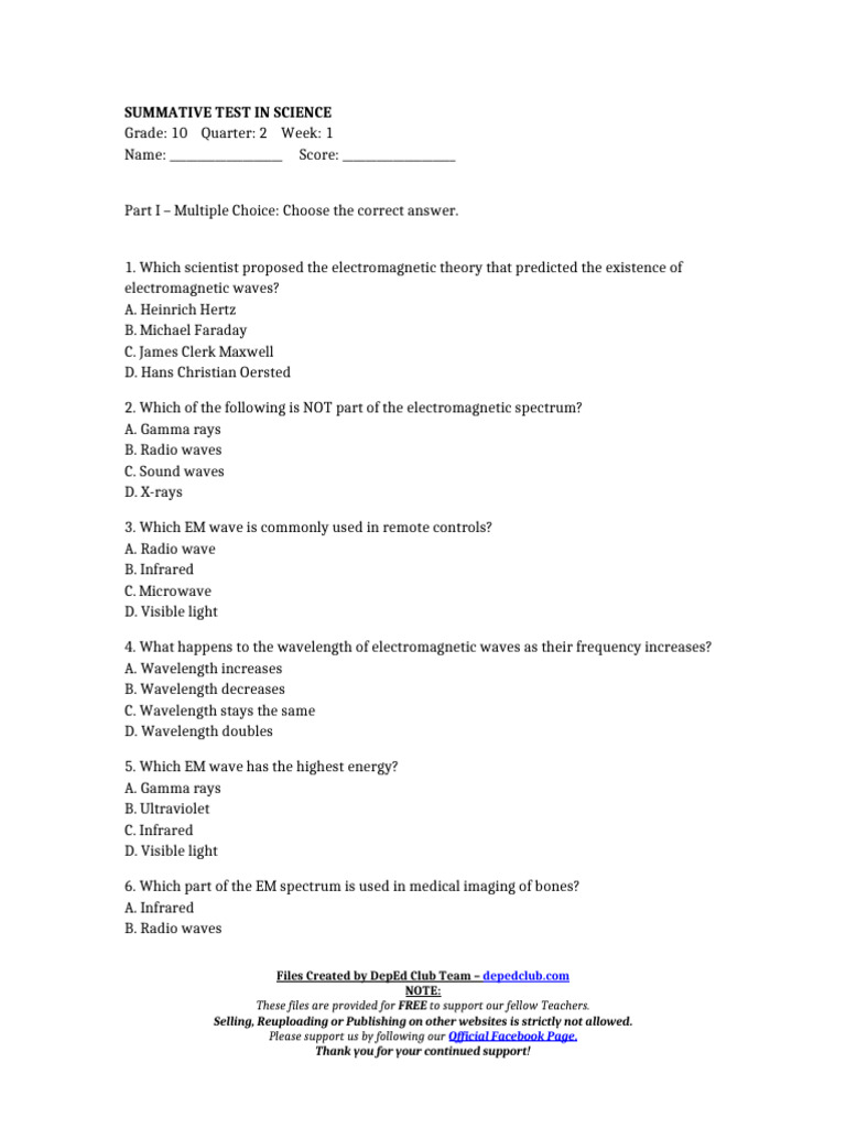 Grade 10 Science Electromagnetic Waves Test | PDF | Electromagnetic ...
